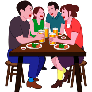 居酒屋で男女4人のグループが談笑しているイラスト | コピペできる無料イラスト素材展